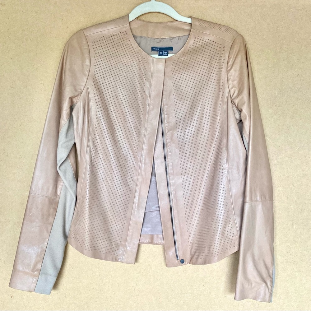 Vince Beige Motto Leather Jacket Size Medium - Gem